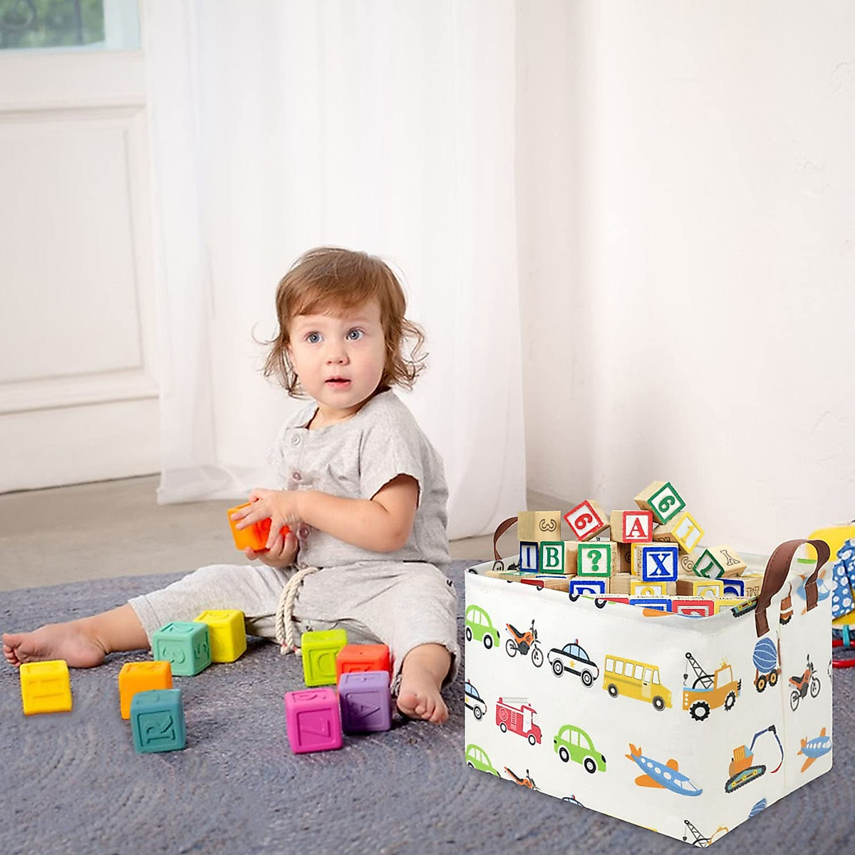 FXOLCSHE Rectangular Storage Bin,Collapsible Car Storage basket for boys,Waterproof PE Coating Storage,bedroom decor,Nursery hamper,Toy Organizer,Gift Basket(Vehicles)