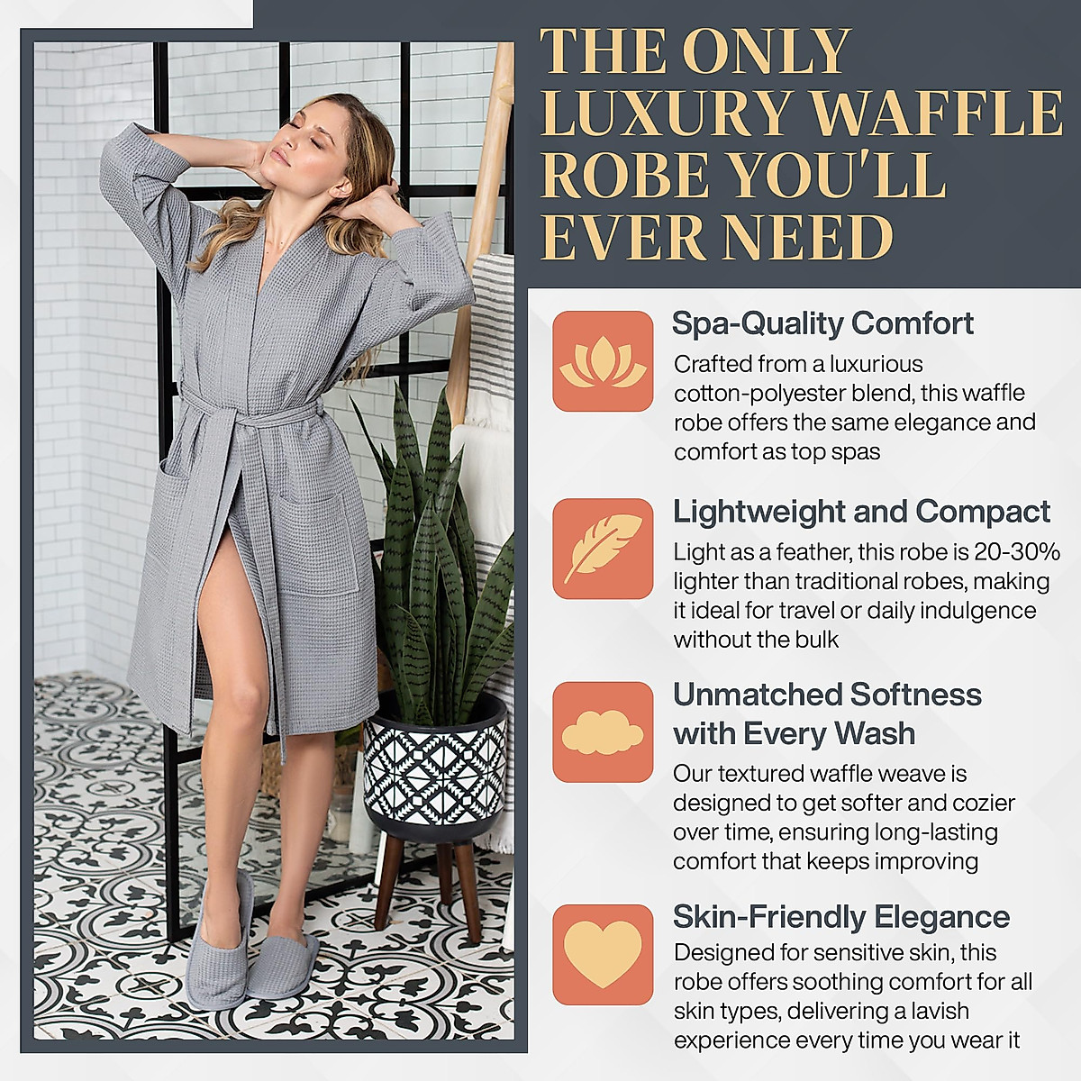 Lotus Linen Women's Lightweight Waffle Kimono Robes for Women - Cotton Spa Grey Bathrobes - Grey Bridesmaids Robe Set (Small, Grey)