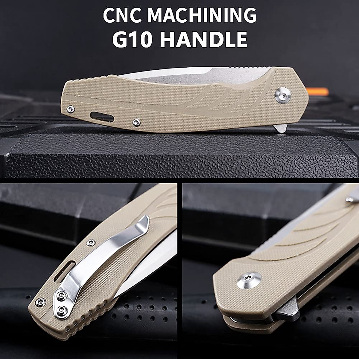 URiver Pocket Knife,G10 handle,With Pocket clip,Material Sharp Blade, Great for Paring, Hunting and Camping,Ideal Gifts for Your Family(Yellow)