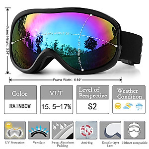SPOSUNE Ski Goggles Over Glasses with Dual lens, Anti-fog Anti-UV Snow Goggle for Men Women Youth Skiing Snowmobile