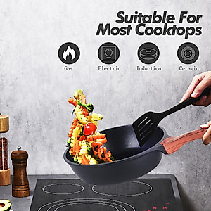 NBTX Non Stick Frying Pans, Deep Frying Pan with Lid, Skillet, Saute Pan, Minimal Smoke, Easy Clean-up, Induction Compatible, 10.6"/3.98Qt, Maifanstone Coating, Wooden Handle, Black