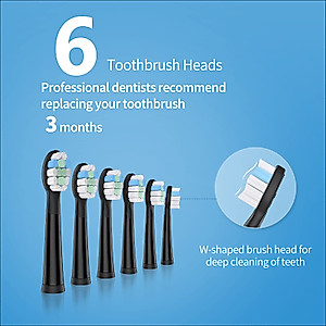 Electric Toothbrush Sonicare with 6 Brush Heads, Toothbrush for Adults and Kids, 30000 VPM, Deep Clean 5 Modes with 2 Minutes Timer, Tongue Coating Brush, One Charge for 70 Days (009 Black)