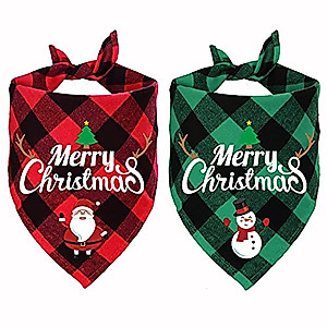STMK 2 Pack Christmas Plaid Dog Bandanas, Merry Christmas Holiday Plaid Dog Bandanas for Large Medium Dog Christmas Costume Decorations (Red & Green, Santa & Snowman)
