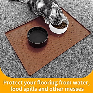 Ptlom Pet Placemat for Dog and Cat, Waterproof Silicone Pet Feeding Bowl Mats for Food and Water, Small Medium Large Dogs Mat Prevent Residues from Spilling to Floor, Brown, 18" 12"