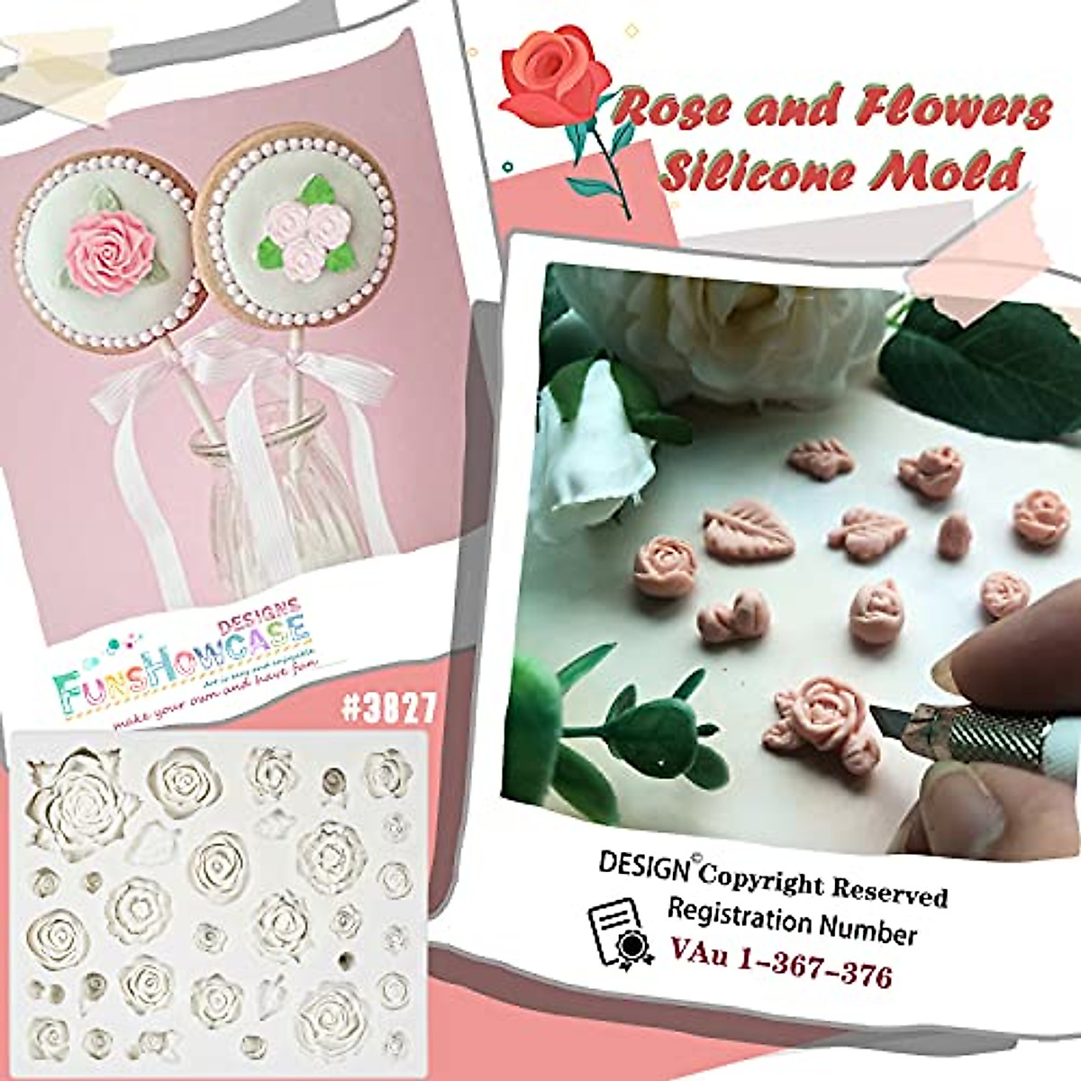 Funshowcase 32 Cavity Roses Flower Fondant Candy Silicone Mold for Sugarcraft Cake Decoration, Cupcake Topper, Polymer Clay, Soap Wax Making, Resin Jewelry Casting Crafting Projects