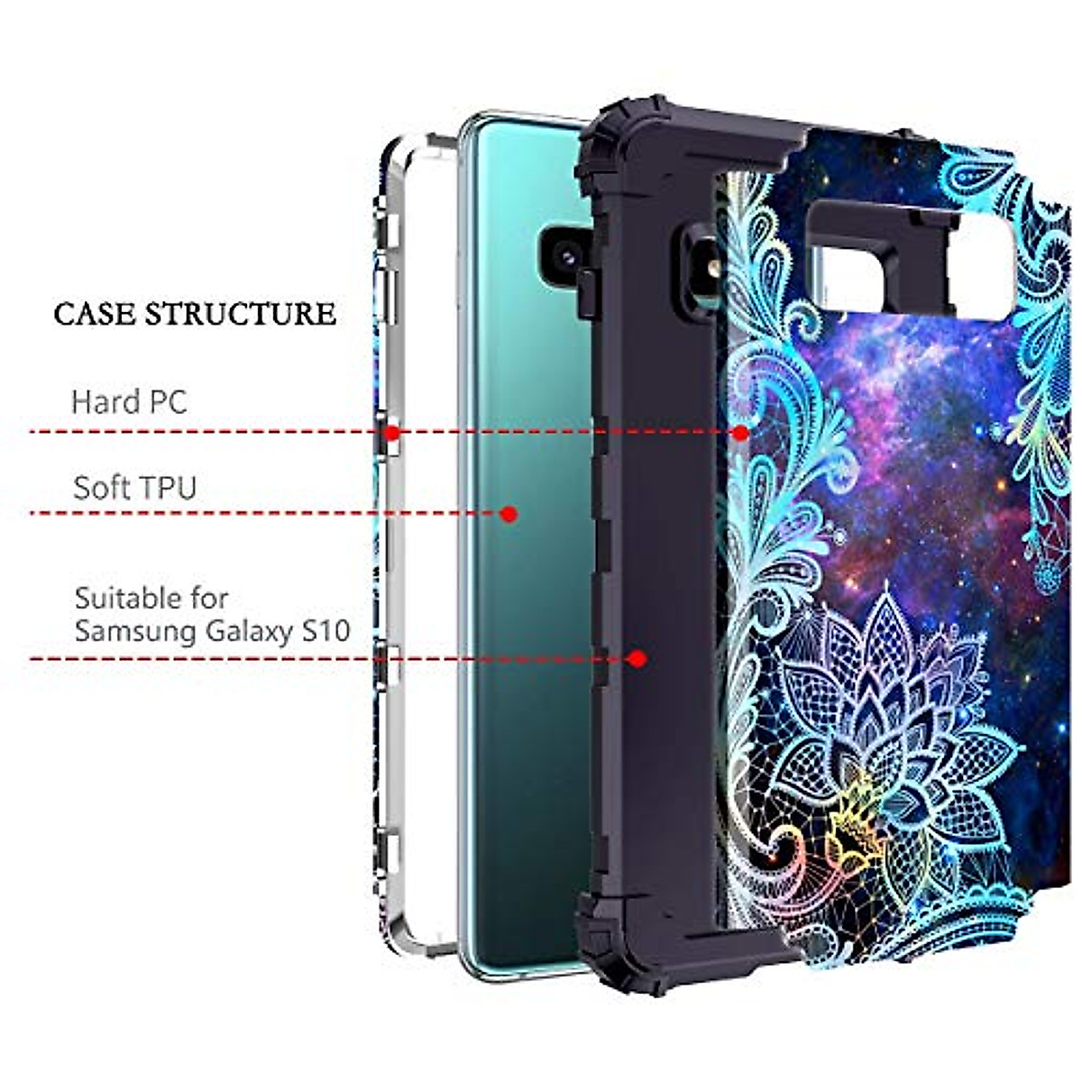 Casetego Compatible with Galaxy S10 Case,Floral Three Layer Heavy Duty Hybrid Sturdy Shockproof Full Body Protective Cover Case for Samsung Galaxy S10,Mandala