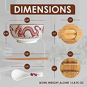 XWORLD Japanese Ceramic Ramen Noodle Bowls Set with Ceramic Spoon, Bamboo Chopsticks, Lid & Trivet, Serving Capacity of 33.8 OZ, Microwavable Oven Safety (3.3” x 6.6” D) (Red Dragon)