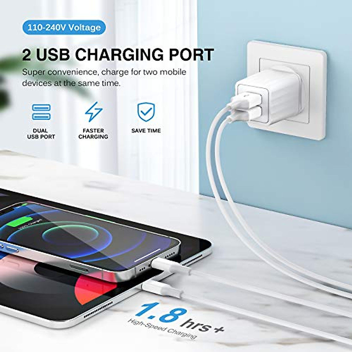 iPhone Charger, [Apple MFi Certified] Fast iPhone Charger 2PACK 6FT Lightning Cable Cord Fast Charging Dual 2 Port Plug USB Wall Charger Compatible with iPhone 14 13 12 11 Pro Max XS XR X 8 Plus iPad