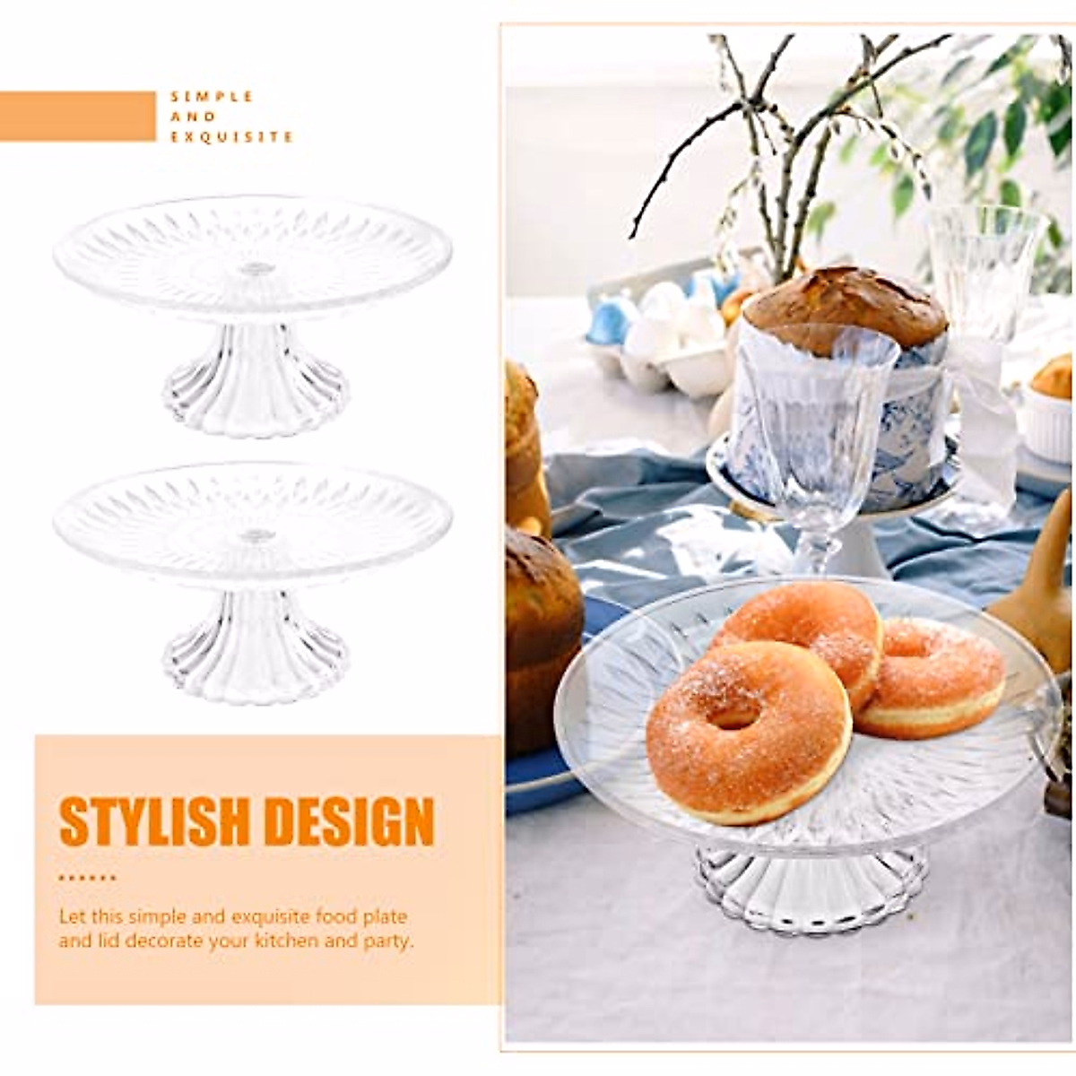 DOITOOL 2Pcs Glass Footed Platter Crystal Footed Cake Plate Platter Round Footed Cake Stand Clear Serving Dish Platter for Home Kitchen (Transparent)