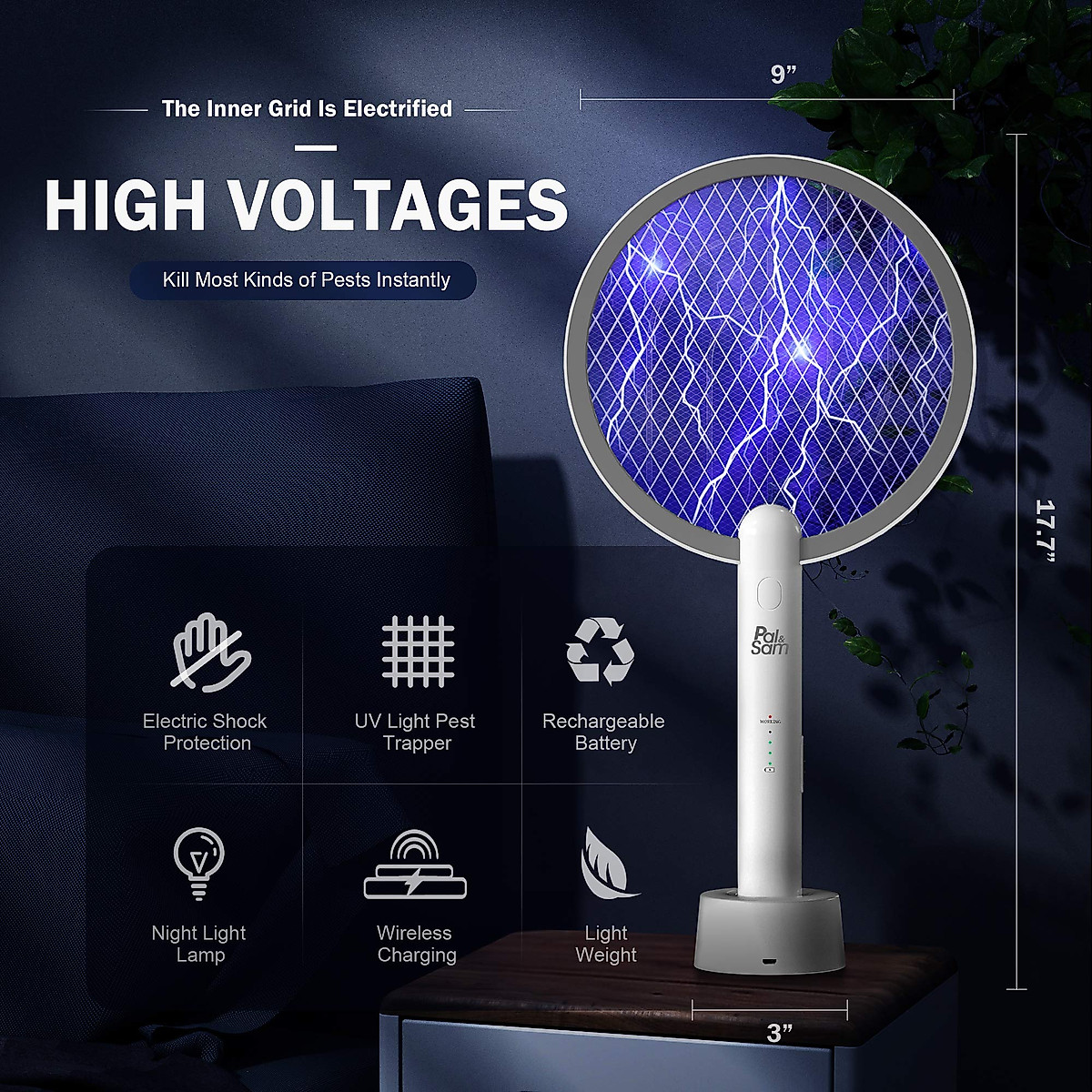 PAL&SAM Bug Zapper, Mosquito Killer USB/Rechargeable, Electric Fly Swatter Lamp & Racket 2 in 1 for Home, Bedroom, Kitchen, Patio (BZ02)