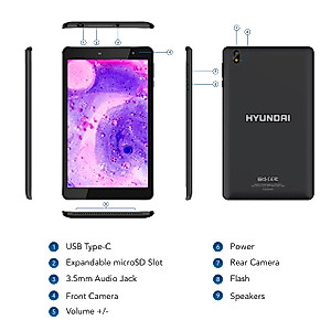 HYUNDAI HYTab Plus 8LB1, 8" HD IPS, Android 11, Quad-Core, 3GB/32GB, 2MP/5MP, 4000mAh, Data-Only for T-Mobile or AT&T – Includes Screen Protector and Clear Case - Black