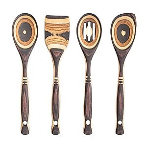 Island Bamboo Natural Pakkawood 12" Wooden Spoon Set of 4 with Standard Spoon, Slotted Spoon, Corner Spoon, and Straight-Edge Spatula