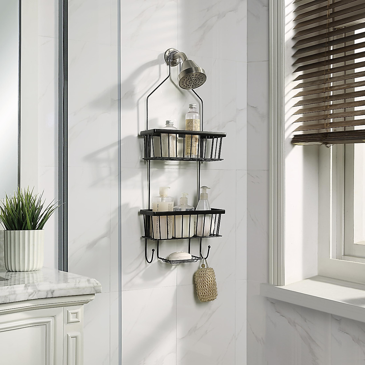 SunnyPoint Bathroom Classic Hanging Over The Shower Head Caddy (28.74" H x 10.83" W x 4.61" D)(Black)