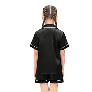 SWOMOG Satin Kid Pajamas for Girls Silk Pjs Set with 2 Pockets Boys Sleepwear Button-up Lounge Sets Short Sleeve Nightwear Black