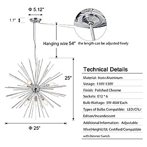 Modern Chrome Sputnik Chandeliers,6-Light Starburst Firework Ceiling Lights Dining Room Chandelier Light Fixture for Living Room, Bedroom, Kitchen, Entryway, Foyer,Dia 25",E12 Sockets