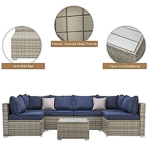 Laurel Canyon Outdoor Patio Furniture 7 Piece Rattan Sectional Sofa, Wicker Conversation Sets with Faux Wood Top Tea Table and Cushions, Gray