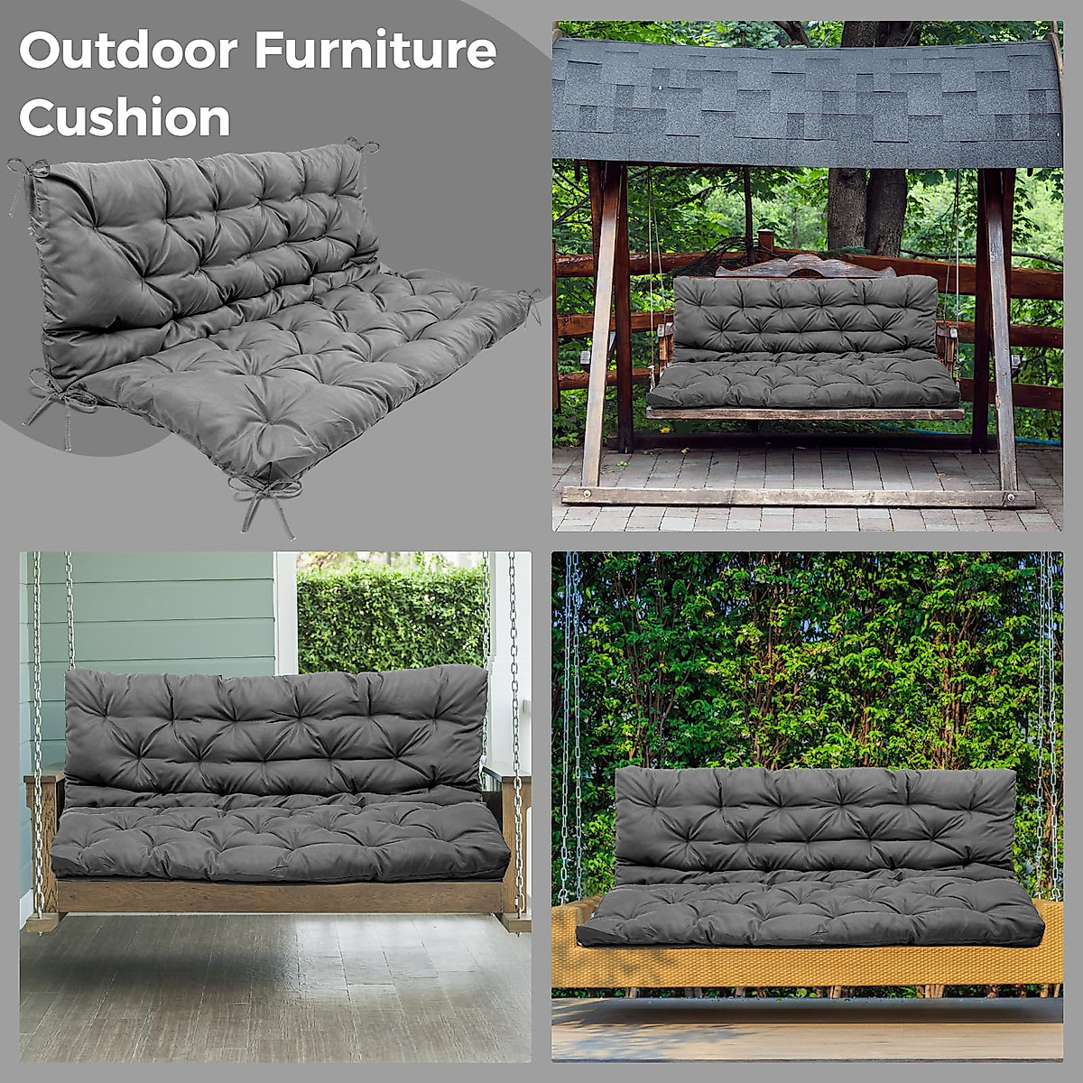 Homaisson Swing Replacement Cushion, Outside Bench Cushion with Backrest, 2-3 Seater Cushion with 8 Ties for Outdoor Furniture, 59 x 39 x 4 Inches Porch Swing Cushion Garden Bench