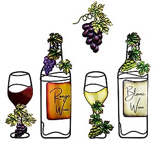 NewVees Wine Metal kitchen Wall Art Decor 5 pcs Vintage Red & White Wine Glass Wine Bottle Fake Grape Metal Decoration for Home Kitchen, Living Room, Dining Area, Farmhouse Bar Indoor, 11inch