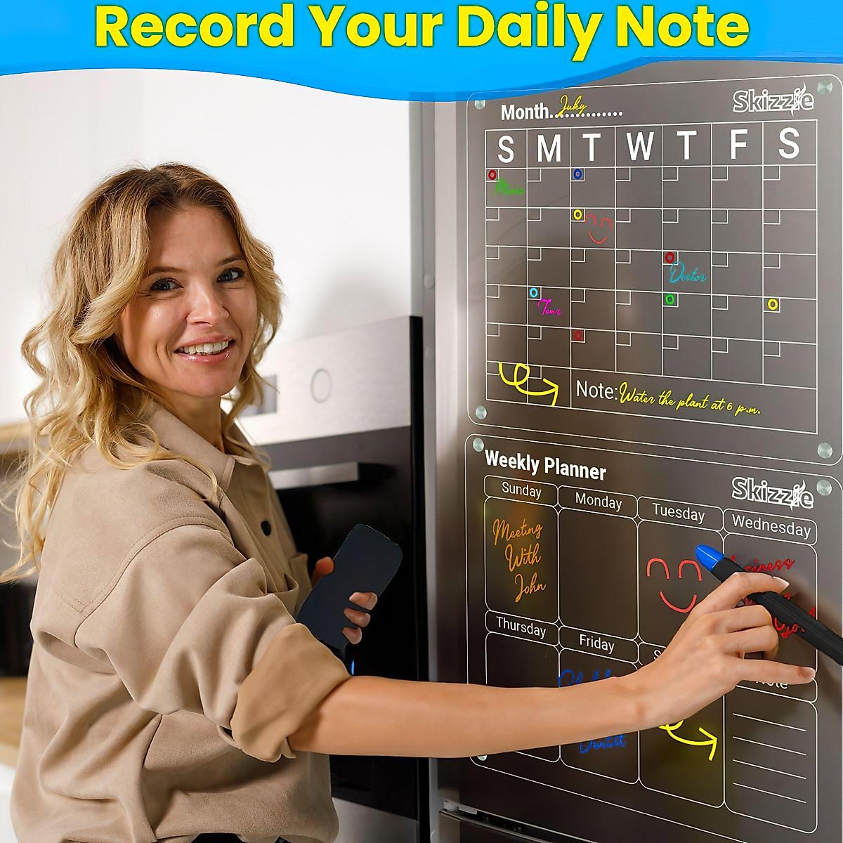 Magnetic Acrylic Calendar for Fridge - 2 pcs Clear Dry Erase Calendar for Weekly & Monthly Planning with 8 Colours Markers, Dry Erase Board with Magnetic Holder and Eraser (16"x12")