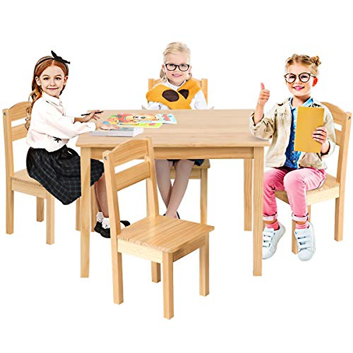 HONEY JOY Kids Wooden Table and Chair Set, 5-Piece Kiddy Sized Activity Table and Chair Set for Crafts Art, Toddler Playroom Furniture Set for Kids Ages 4-8(Natural)