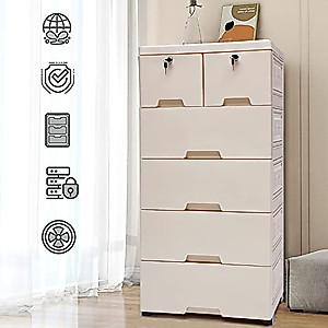 Hteedy 6 Drawer Dresser PP Cabinet Movable Storage Tall Closet Lockable Bedroom Cupboard Tower Closet Drawers Tall Dresser Organizer for Clothes Beige Color