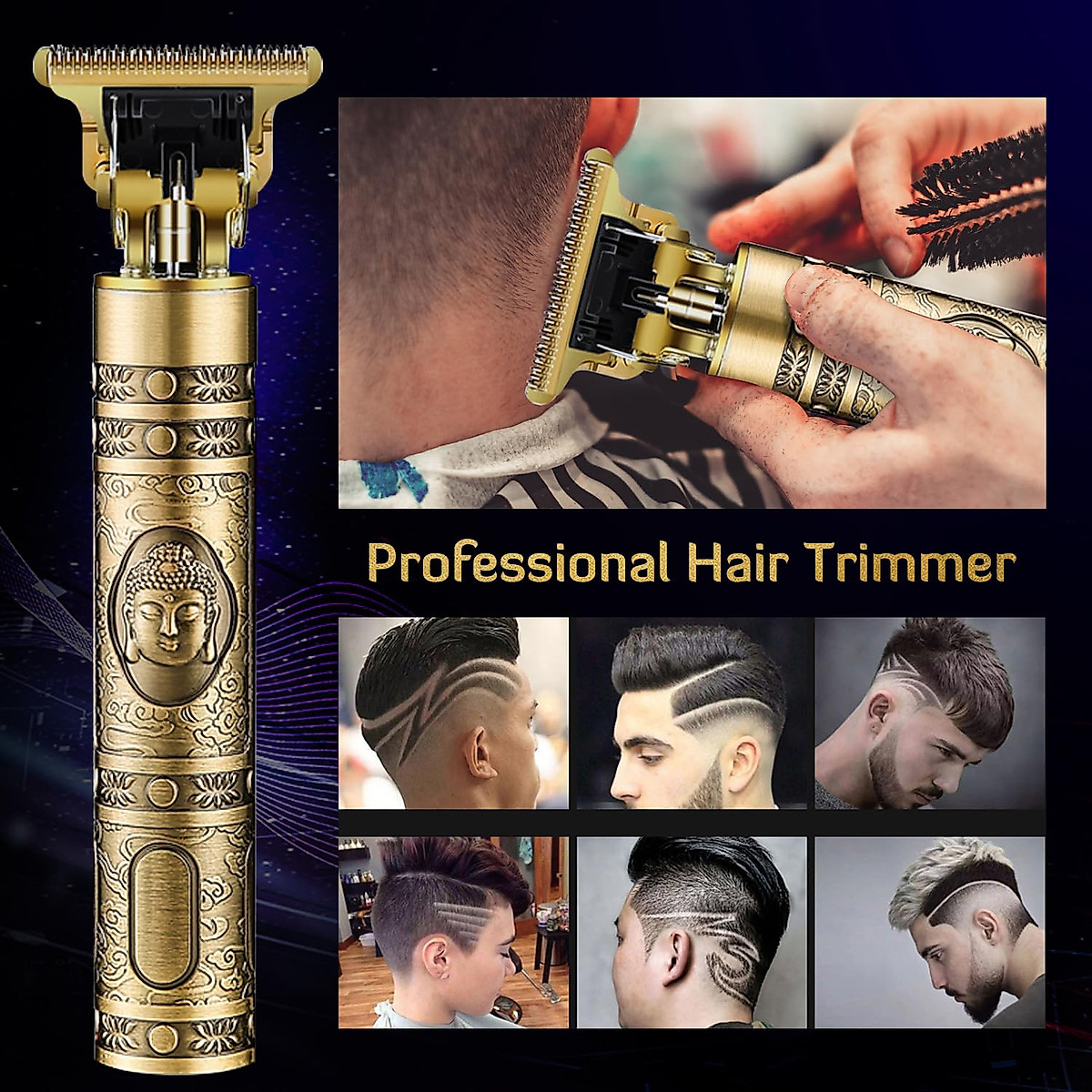 PXLISIE Hair Clippers for Men, Professional Hair Trimmer T Blade Trimmer Zero Gapped Trimmer, Cordless Rechargeable Beard Trimmer Shaver Hair Cutting Kit with Guide Combs (Gold)