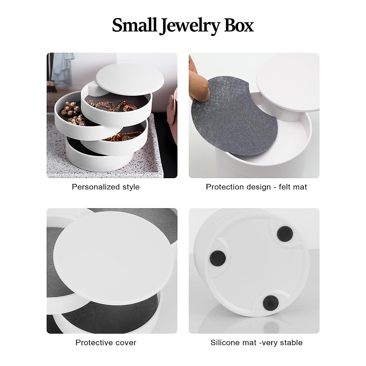 CONBOLA Jewelry Organizer, Small Jewelry Storage Box Earring Holder for Women, 5-Layer Rotating Travel Jewelry Tray Case with Lid for Bracelets Rings Bracelets(White)