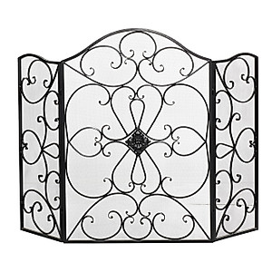 Deco 79 Metal Scroll Foldable Mesh Netting 3 Panel Fireplace Screen, 48" x 1" x 38", Brown