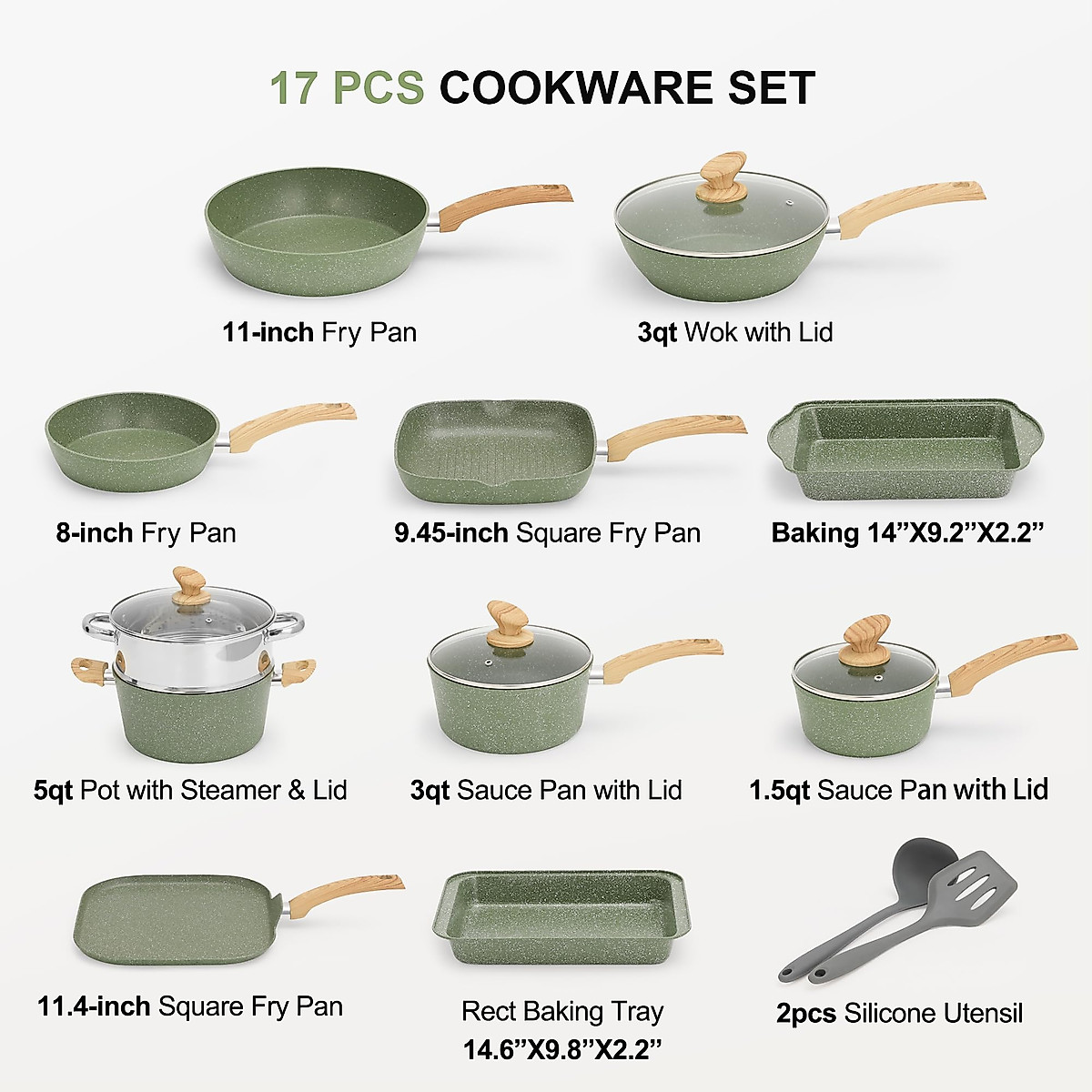 MAISON ARTS 17-Piece Pots and Pans Set - Kitchen Cookware Sets with Nonstick Granite Stone Coating, Suitable for Induction Cooktops, Green