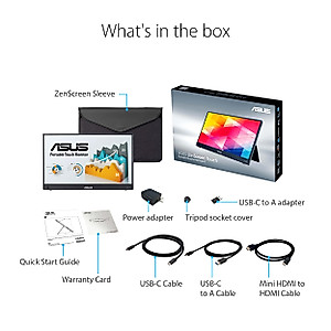 ASUS ZenScreen Touch Screen 15.6” 1080P Portable USB Monitor (MB16AHT) - Full HD (1920 x 1080), IPS, USB Type-C, Mini-HDMI, Kickstand, Tripod Mountable, Eye Care, Protective Sleeve, 3-Year Warranty