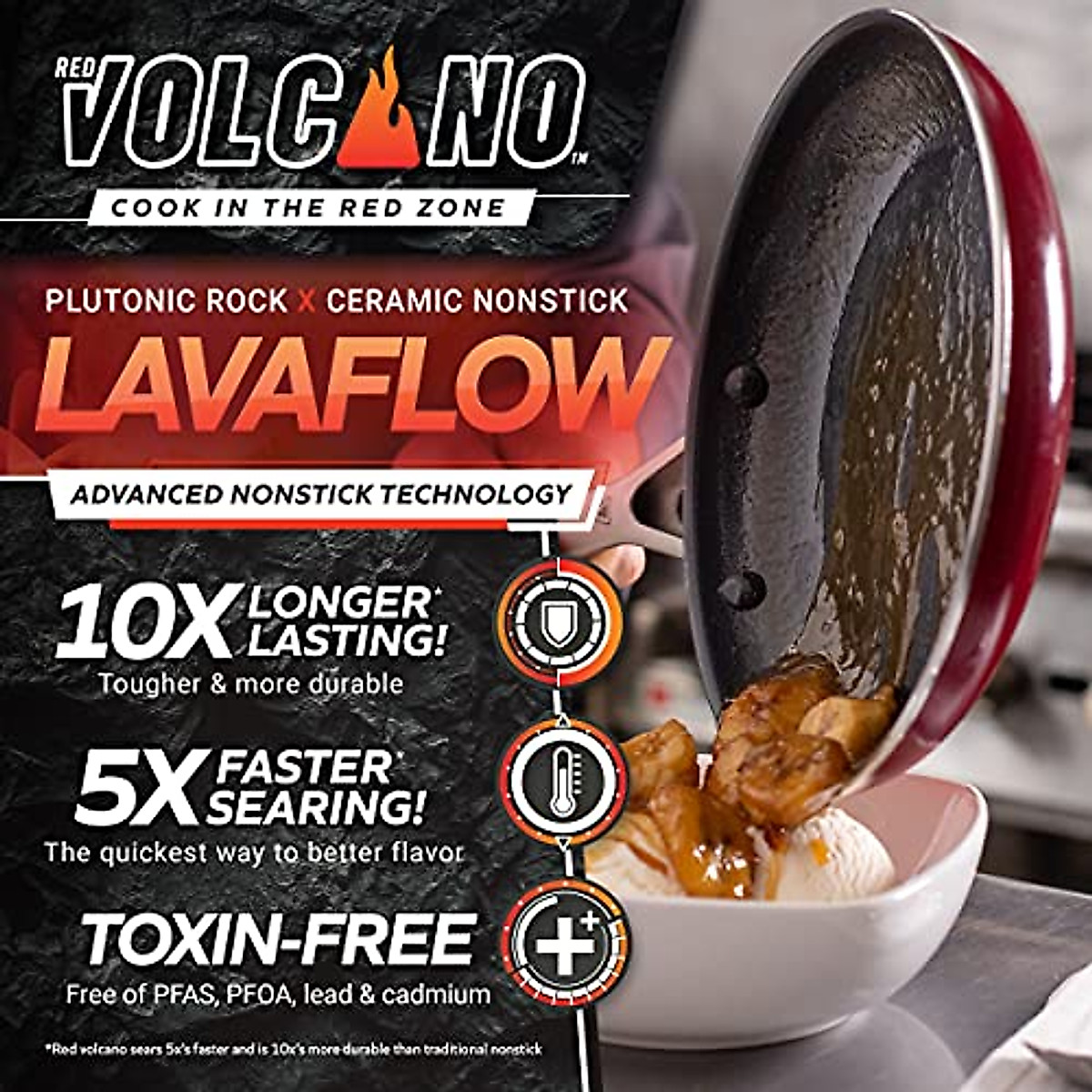 Red Volcano Textured Ceramic Nonstick, 14 Piece Cookware Pots and Pans Set with Stainless Steel Handles, PFAS PFOA & PTFE Free, Dishwasher Safe, Oven & Broiler Safe to 600 Degrees, Red