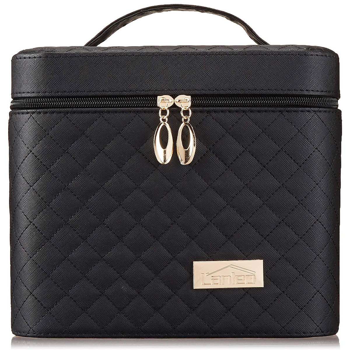 Sooyee Makeup Bag,Makeup Organizer with Mirror,Cosmetic Travel Bag with Fold Tray, Cosmetic Bags for Women Designed To Fit All Cosmetics Professional Makeup Case,Black