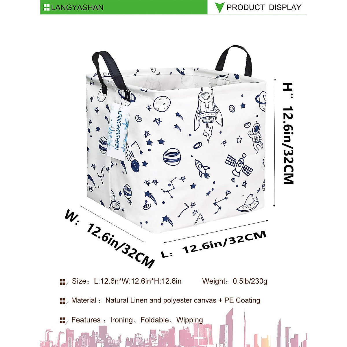 LANGYASHAN Square Storage Baskets Waterproof Canvas Children Laundry Nursery Hamper for Shelves Gift Baskets Toy Organizer Room Decor (Square spaceship)