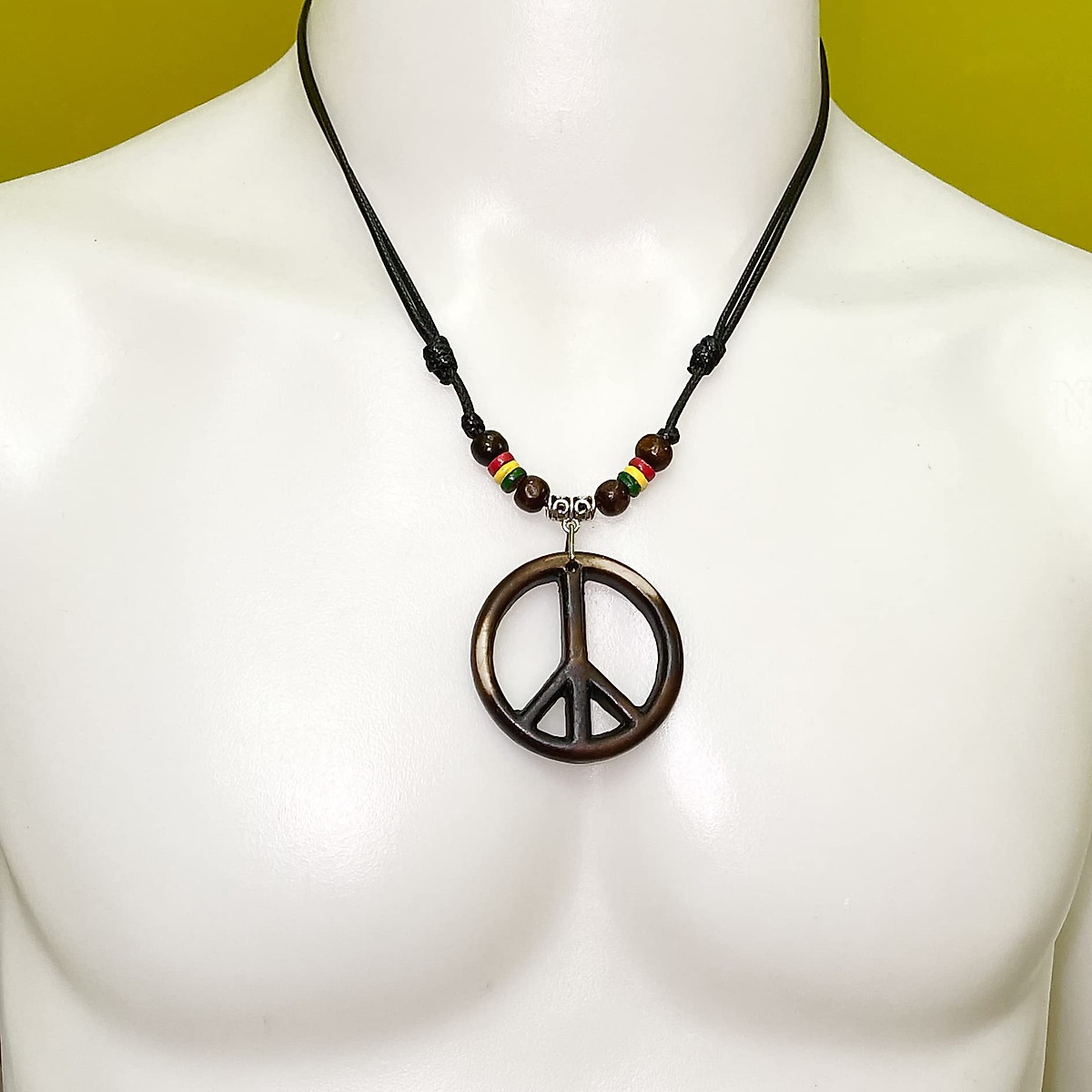 LAVIP Leather Peace Symbol Necklace - Peace Sign Pendant Rasta Hippie Hemp Hawaiian