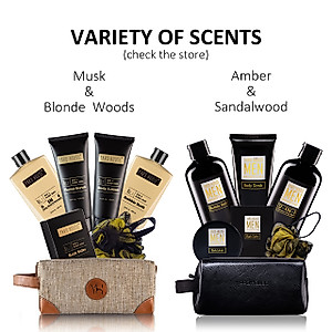 YARD HOUSE Bath and Body Spa Gift Baskets Set for Men - Sandalwood Amber - 7Pc Spa Kit w. Full Size Items in Leather Toiletry Bag - Christmas Holiday Gifts for Him, Birthday, Fathers Day Gifts Idea