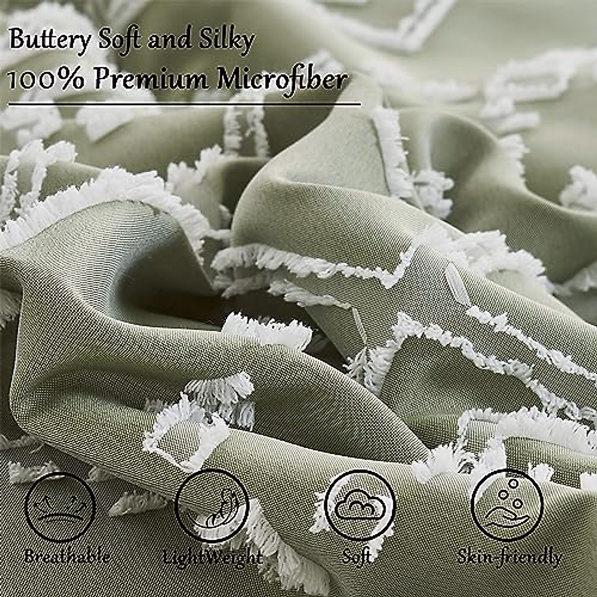 Senville Tufted Duvet Cover Queen Size,Jacquard Geometric Pattern,Soft Lightweight Green Duvet Covers Set for All Seasons,3 Pieces Boho Shabby Chic Bedding Set with Zipper Closure(Green,Queen)