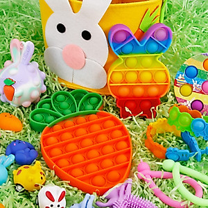 Easter Basket Stuffers - Premade Easter Baskets for Kids - 24 Pack Sensory Fidget Toys Set with Grass - Pop Gifts for Toddlers Teens Girls Boys