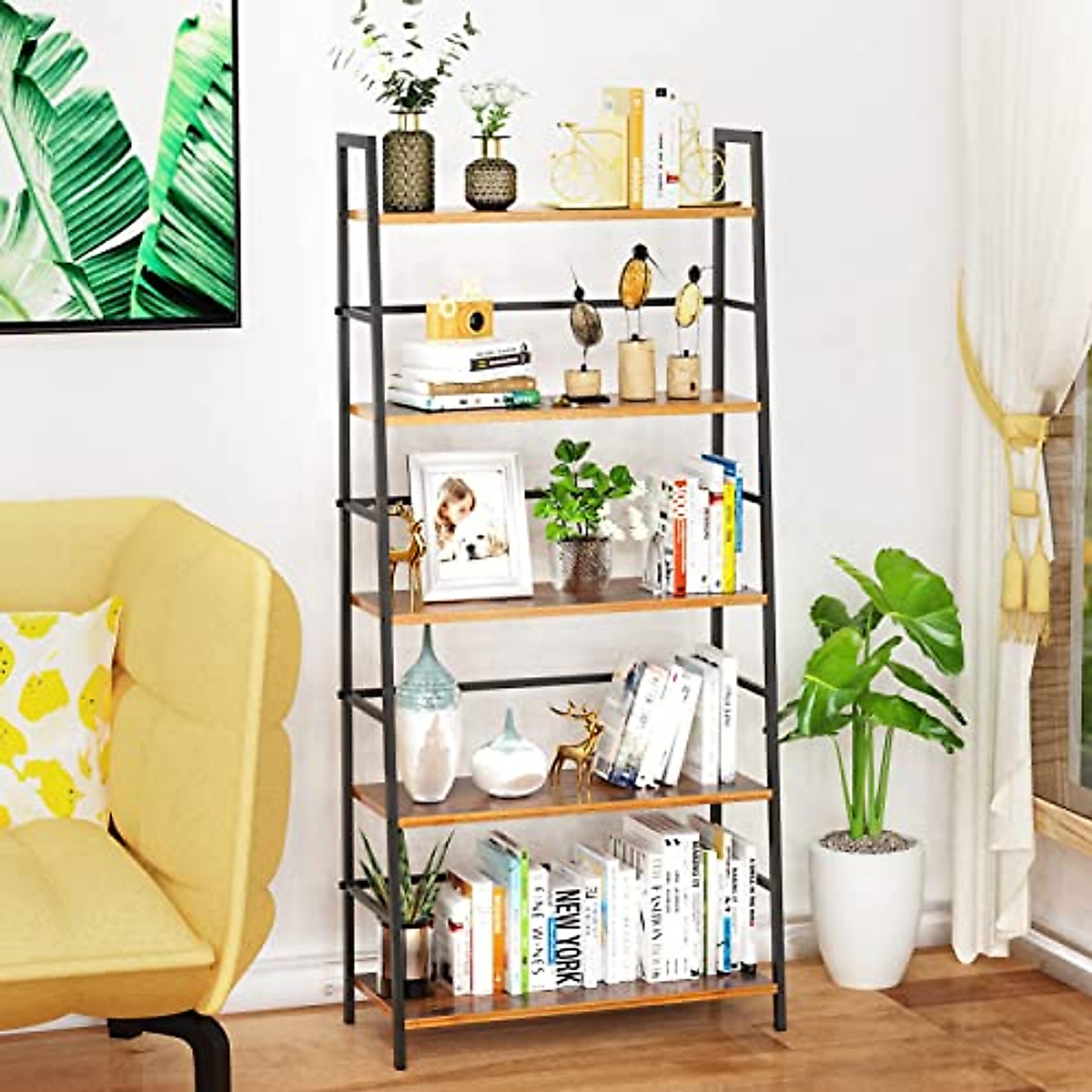 SpringSun 5 Tier Bookshelf Industrial Ladder Shelf Open Display Storage Rack Wood Bookcase with Metal Frame, Freestanding Storage Shelves for Home Office, Living Room, Bedroom, Kitchen