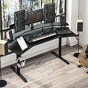 Melodyblue Gaming Desk with LED Lights, 63" Wing-Shaped Computer Desk with RGB Mouse Pad, Power Outlets, Monitor Stand, Headphone Hook, Cup Holder, Ergonomic Studio Desk, Gaming Table, Black