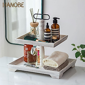 Hanobe Tiered Tray for Table Decor: 2 Tier Serving Stand Farmhouse Decorative Tray for Coffee Bar Centerpiece Rectangle Wood Display Stands Kitchen Counter (White)