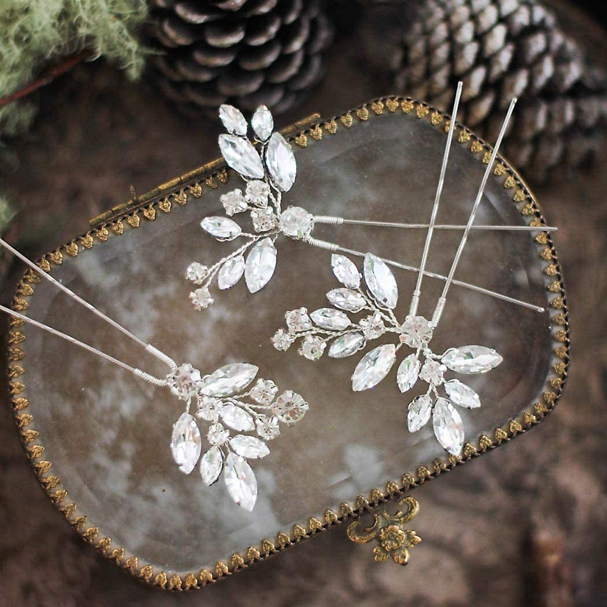 Unicra Bride Wedding Crystal Hair Pins Flower Bridal Hair Pieces Wedding Hair Accessories for Women and Girls Pack of 3 (Silver)