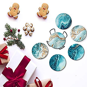 Dooke Coasters for Drinks, Round Absorbent Ceramic Stone Coasters Set of 6 with Cork Base, Funny Drink Coasters with Holder for Cold Drinks Wine Mugs and Cups Tabletop Protection, 4 Inches,Teal Marble