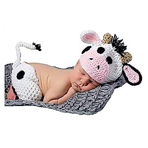Newborn Baby Photo Prop Boy Girl Photo Shoot Outfits Crochet Knitted Clothes Cows Hat Shorts Set Photography Shoot (White)