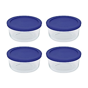 Pyrex Storage 4 Cup Round Dish, Clear with Blue Lid, Pack of 4 Containers
