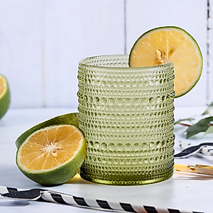 Wongblee Hobnail Drinking Glasses Set of 6, Vintage Colored Glassware 11oz, Beverage Glass Cups for Water, Juice, Cocktail (Green)