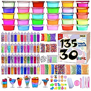 Slime Supplies Kit, 135 Pack Slime Making Kit 30 Crystal Slime, Glitter Jars, Charms, Sugar Paper, Foam Beads, Fishbowl Beads, Toy Cups, Slices, Air Dry Clay and Tools for Kids Girls by WINLIP