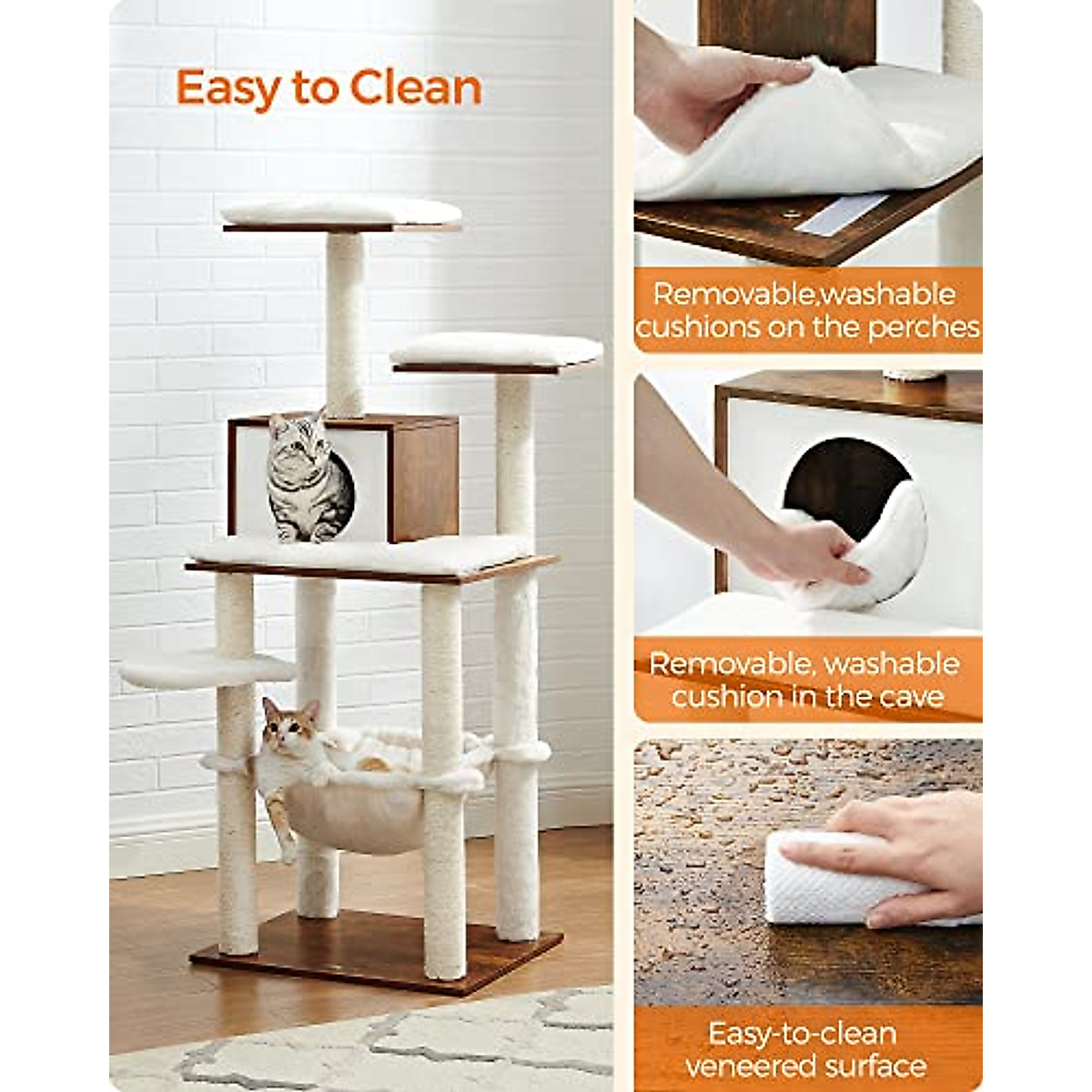 Feandrea WoodyWonders Cat Tree, Modern Cat Tower for Indoor Cats, 54.3-Inch Multi-Level Cat Condo, Ultra-Soft Plush, Scratching Posts, Hammock, Removable, Washable Cushions, Rustic Brown UPCT164X01