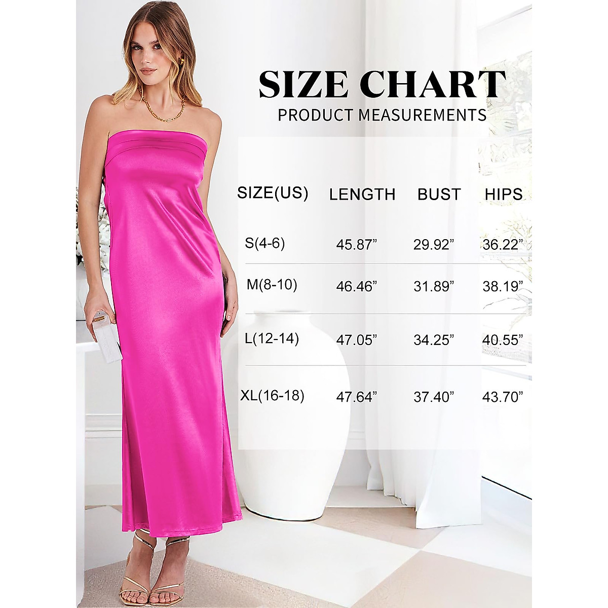 ANRABESS Women Summer Wedding Guest Maxi Dress Strapless Satin Tube Bodycon Backless Cocktail Formal Dresses 2025 Spring Hot Pink