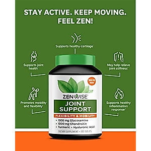 Zenwise Joint Support Supplement - 1500mg Glucosamine, 1200mg Chondroitin, 1000 MG MSM & Hyaluronic Acid for Advanced Relief Mobility Supplement for Pain, Aches, Soreness & Inflammation - 180 Tablets