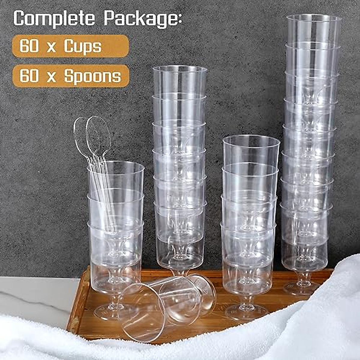 HawHawToys 60 Pack 3 Oz Mini Dessert Cups Disposable Appetizer Cup Goblet,Pedestal Clear Plastic Wine Glasses Parfait Appetizer Cups Serving Bowls for Tasting Party, Wedding, Birthday